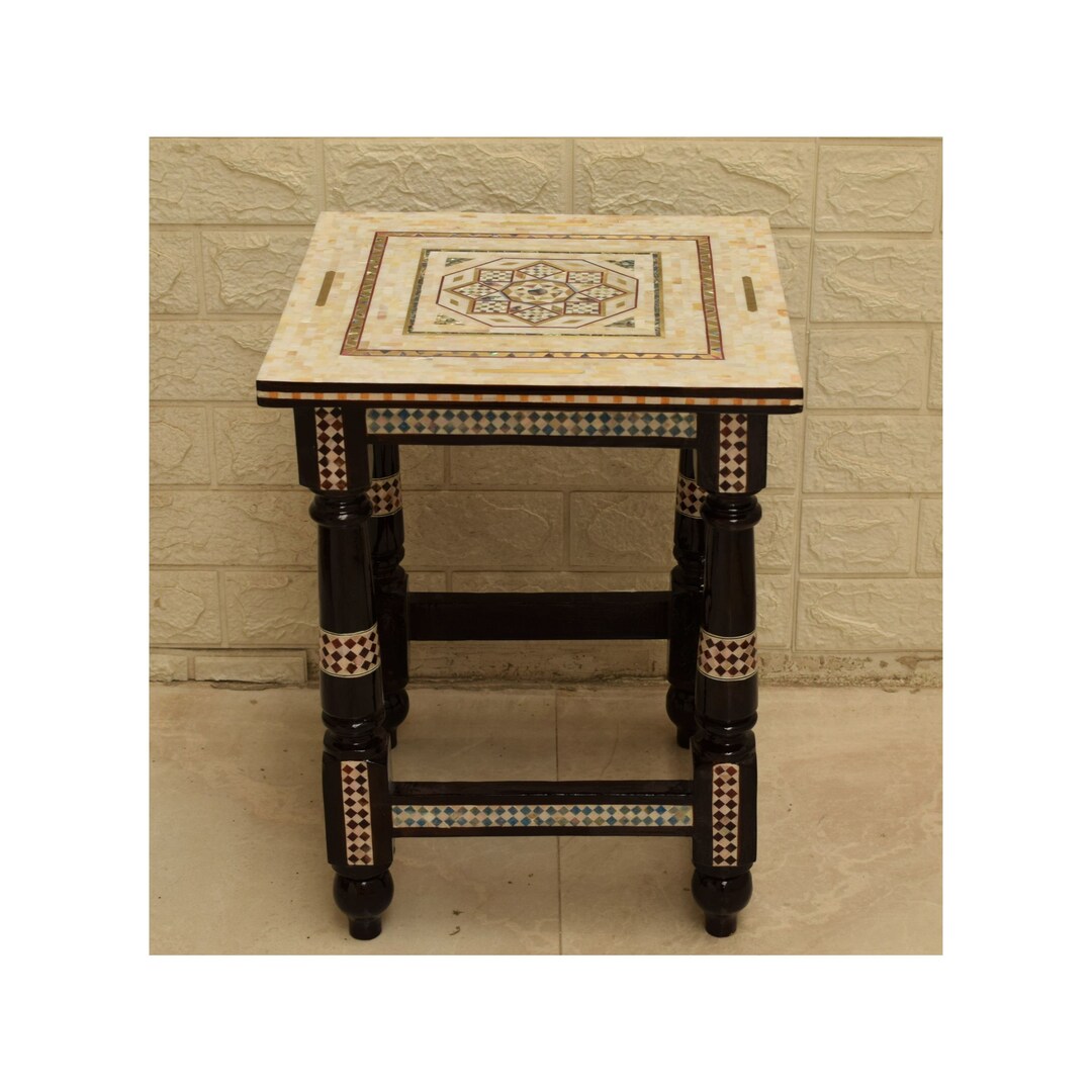 Egyptian White Side Table, 14" Square Moroccan Mother of Pearl Inlaid ...