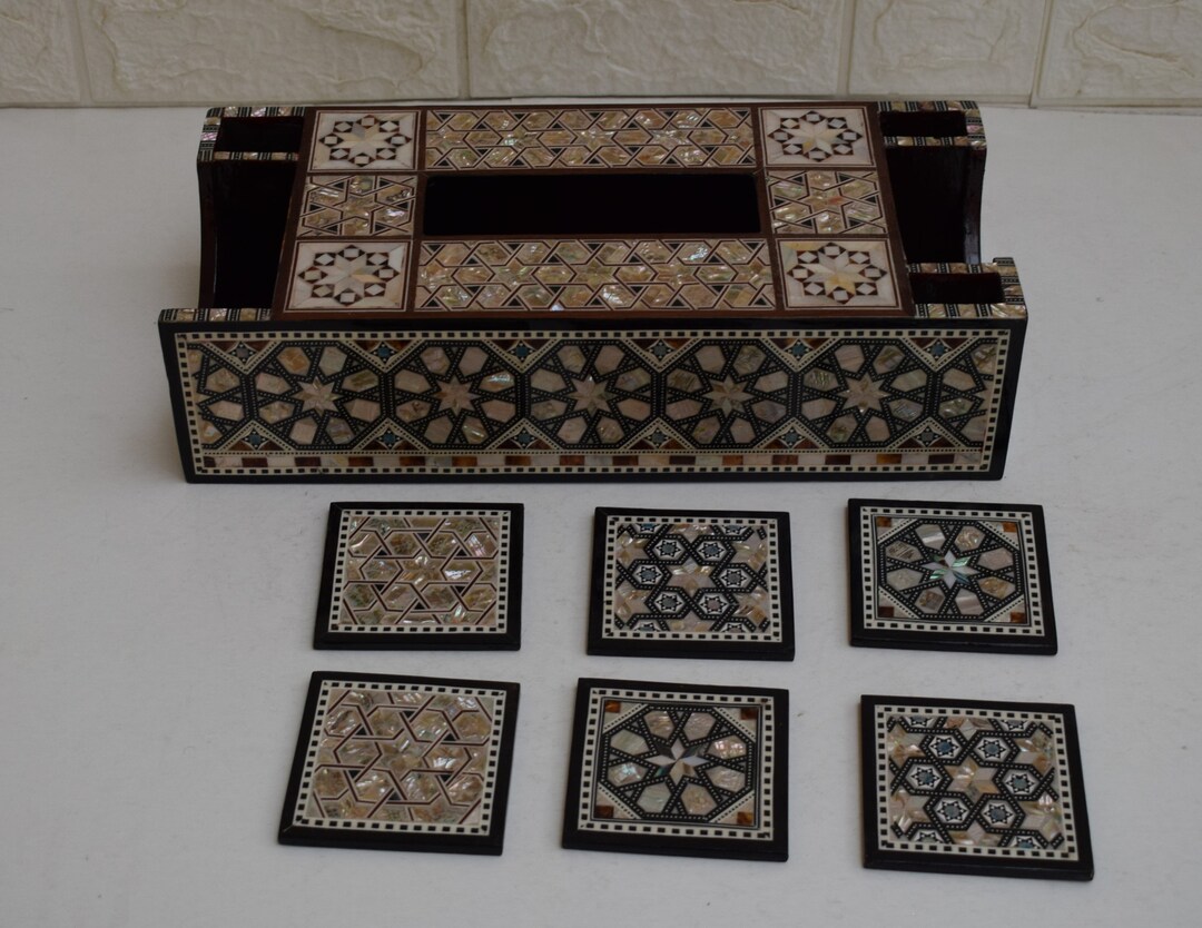 Handcrafted Tissue Box With Coasters Set, Egyptian Mother of Pearl ...