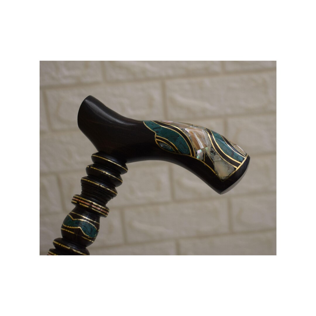 Egyptian Ebony Wood Walking Cane: Malachite & Mother of Pearl Inlay - Etsy