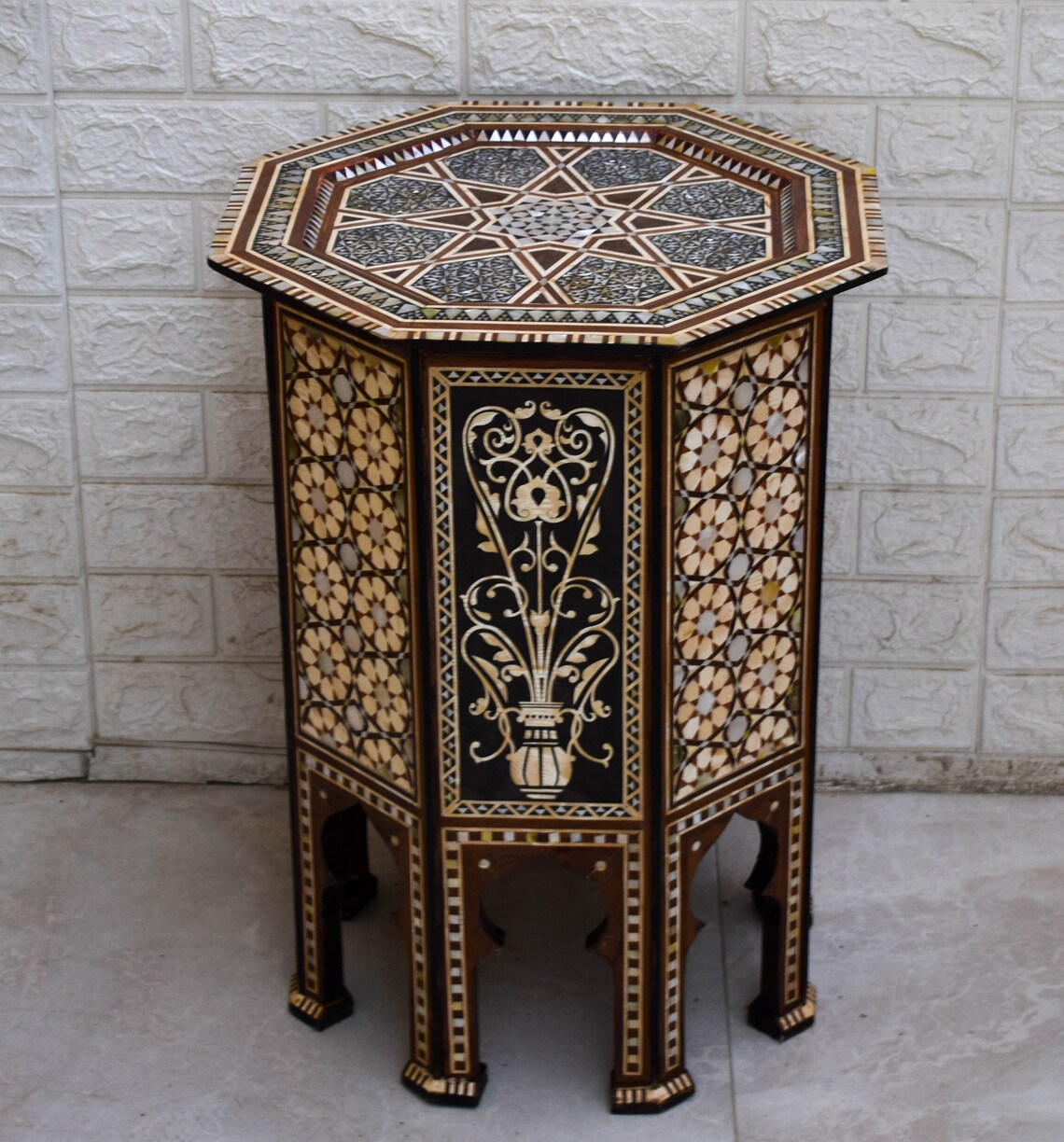 Handcrafted Moroccan Inlay Side Table: Mother of Pearl & Bone, 24 ...