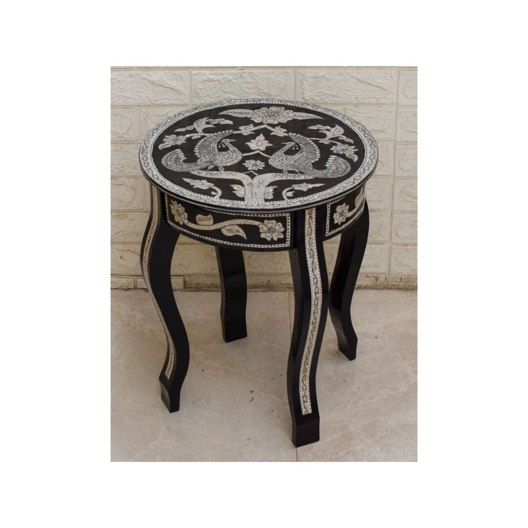 16" Round Egyptian Mother of Pearl Inlaid Side Table, Bedside Wooden ...