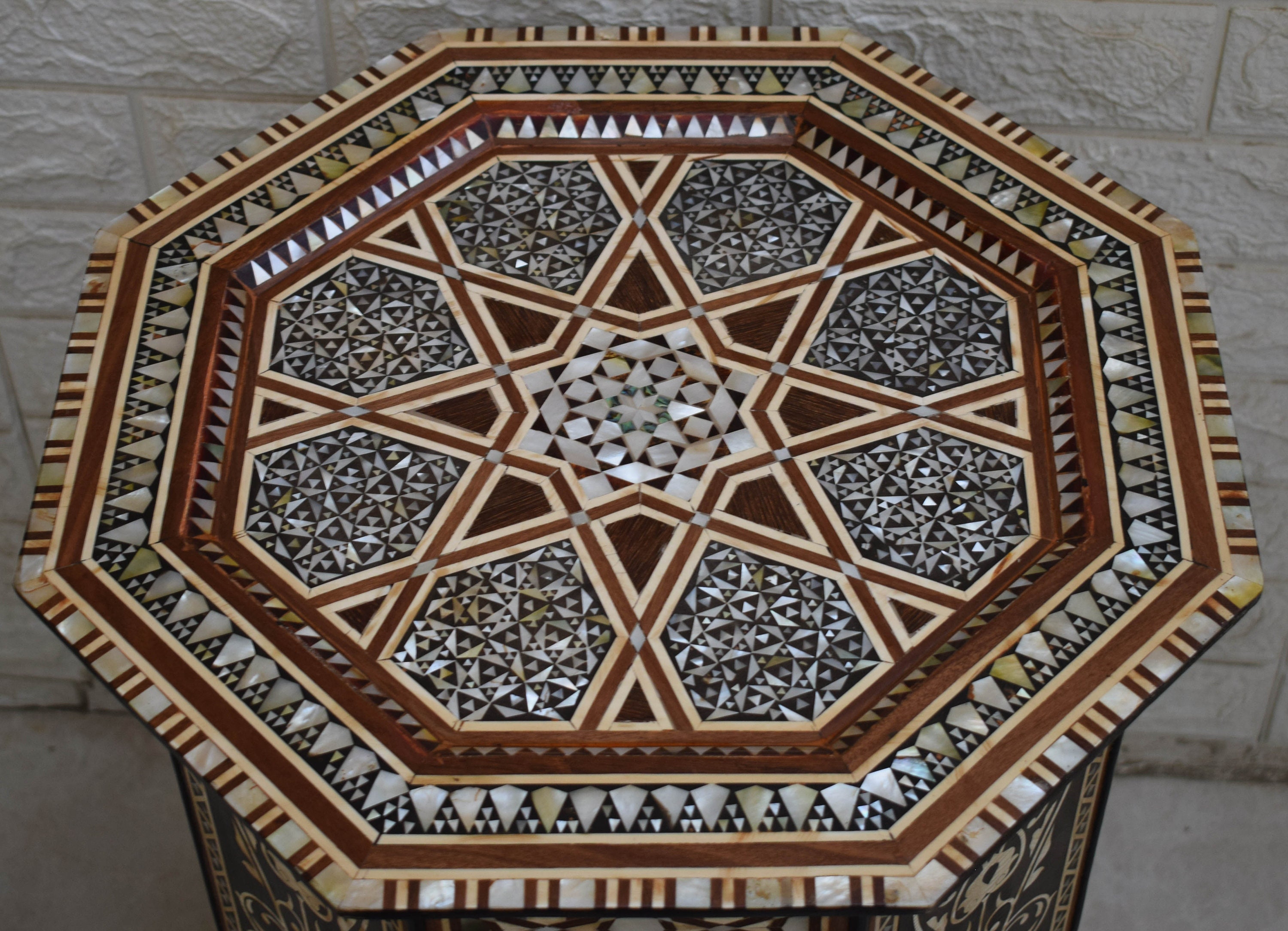 Handcrafted Moroccan Inlay Side Table: Mother of Pearl & Bone, 24 ...