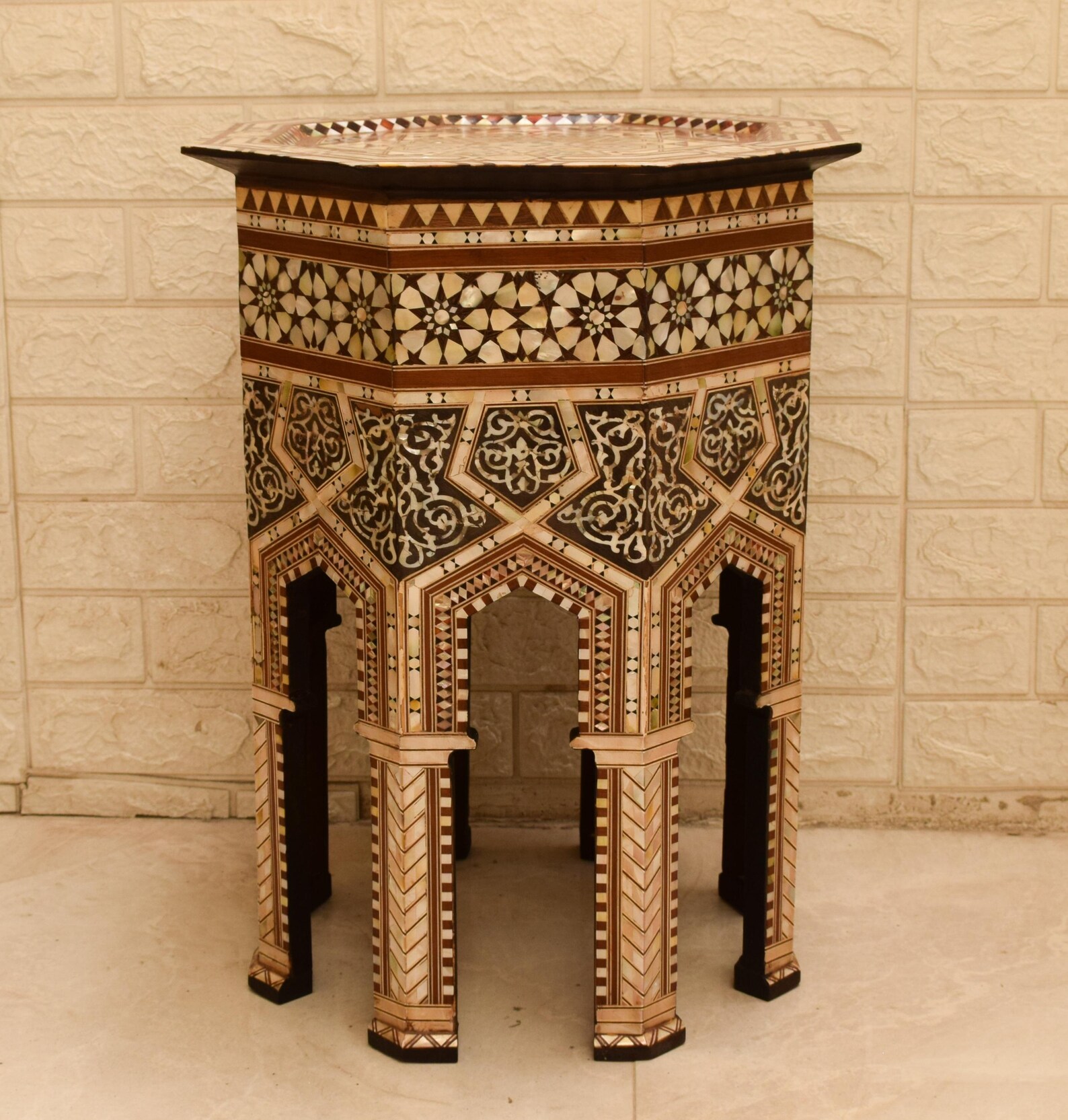 Moroccan 22 Height Wood Table, Mother of Pearl and Bone Inlay Wooden ...