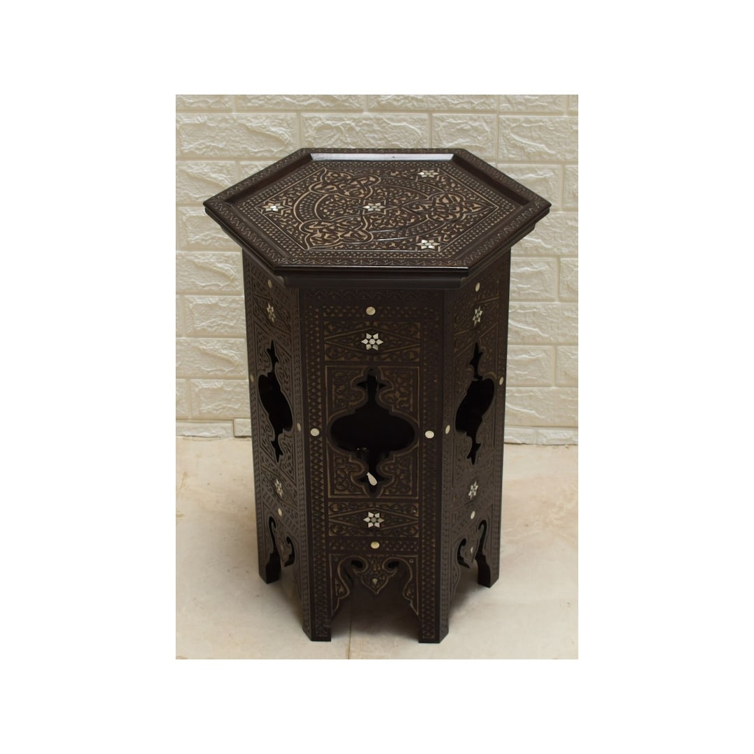 Hand Carved Syrian Table: Mother of Pearl Inlaid Beech Wood Side Table ...