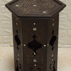 Hand Carved Syrian Table: Mother of Pearl Inlaid Beech Wood Side Table ...