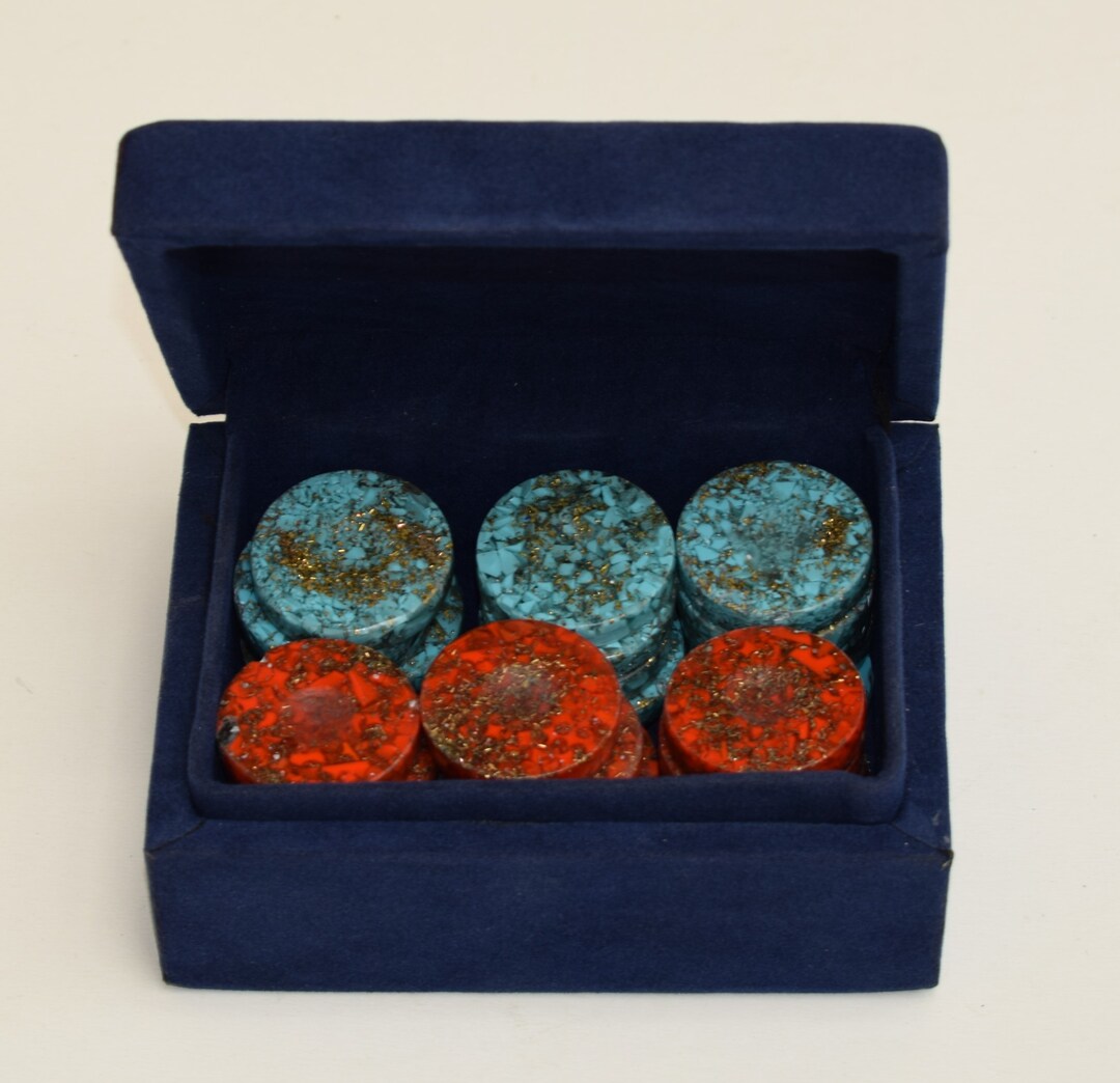 Handmade Egyptian Turquoise & Red Coral 30 Backgammon Chips in a Gift ...