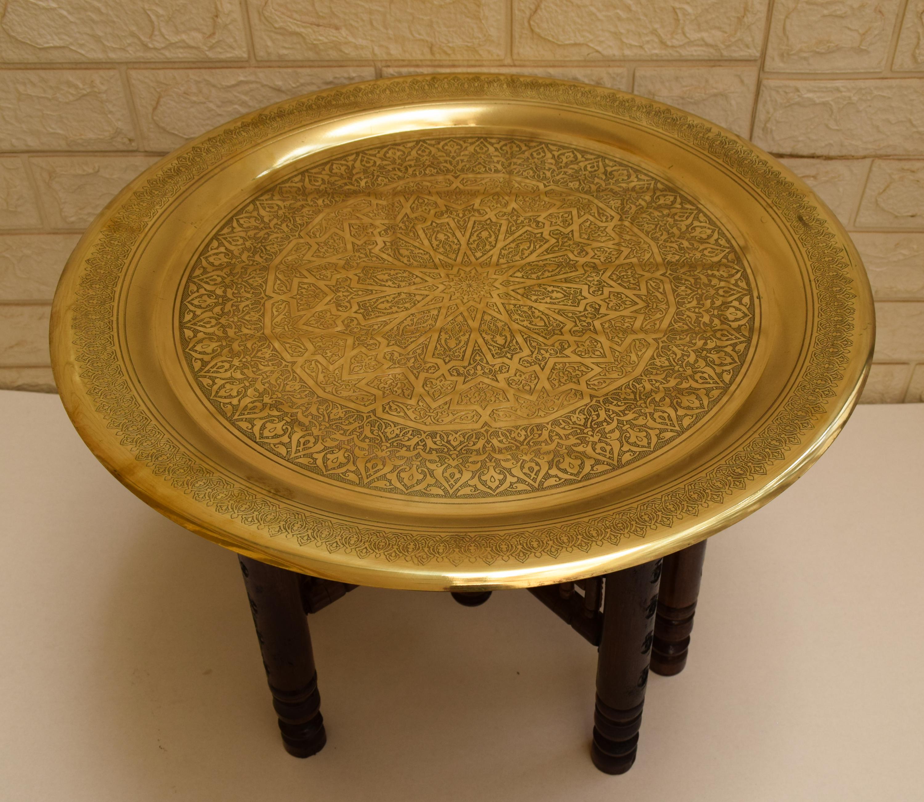 Handcrafted Moroccan Brass Tray Table With Folding Wood Stand - Etsy