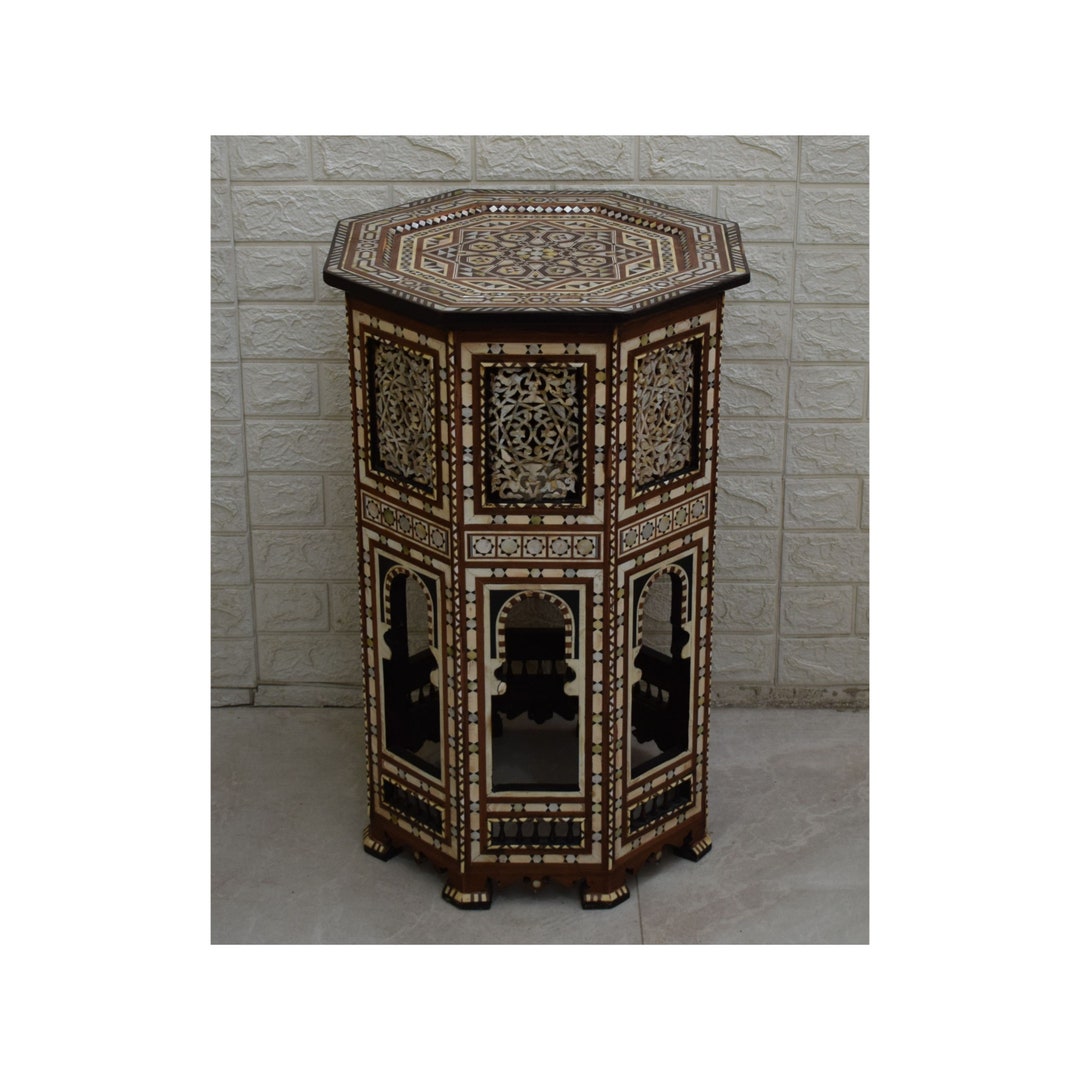 Moroccan 28 Height Wood Table, Mother of Pearl and Bone Inlay Wooden ...