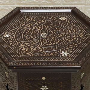 Hand Carved Syrian Table: Mother of Pearl Inlaid Beech Wood Side Table ...