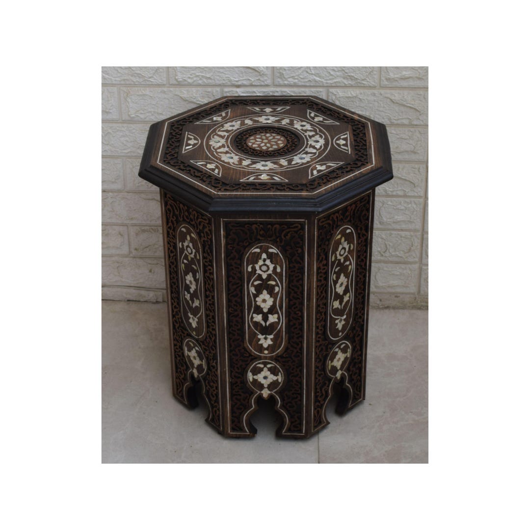 Syrian Wood Side Table: Mother of Pearl Inlay, Moroccan Decor (20" H ...
