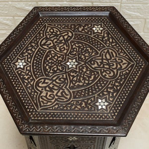 Hand Carved Syrian Table: Mother of Pearl Inlaid Beech Wood Side Table ...