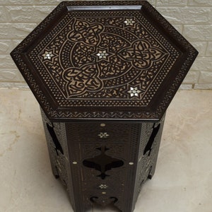 Hand Carved Syrian Table: Mother of Pearl Inlaid Beech Wood Side Table ...