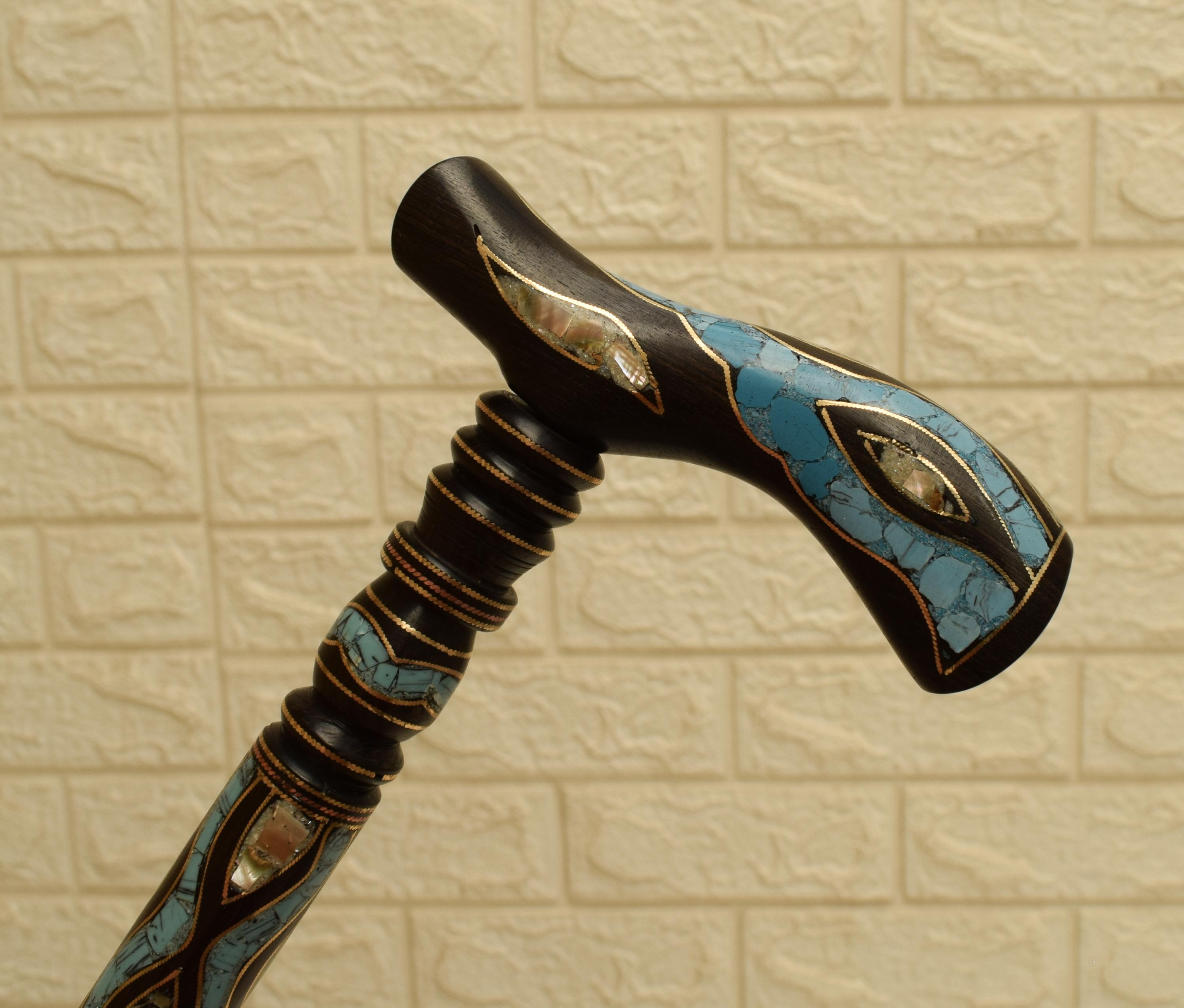 Handmade Ebony Wood Walking Cane: Turquoise & Mother of Pearl Inlay - Etsy