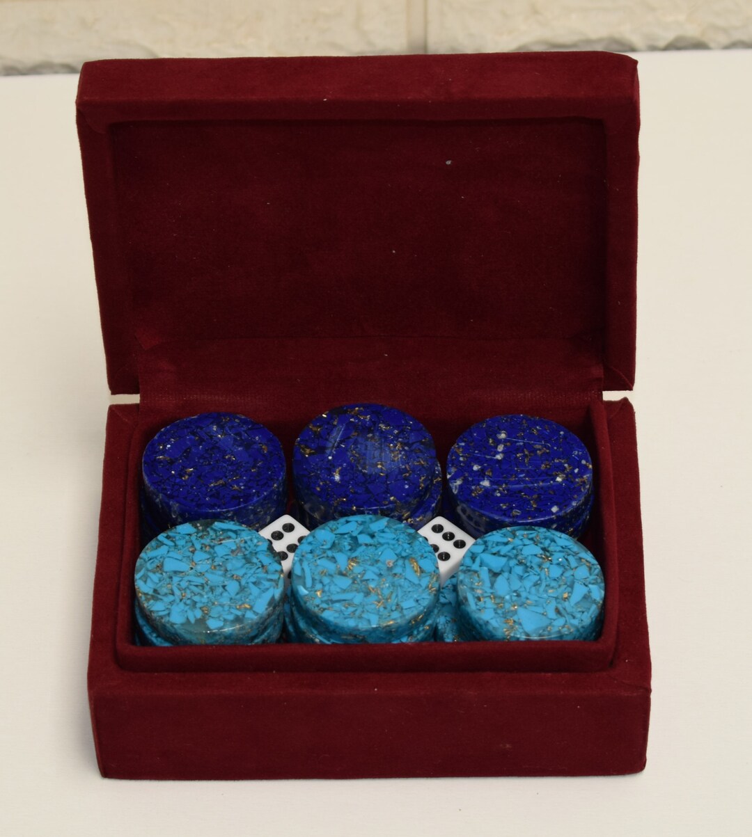 Handmade Egyptian Lapis and Turquoise Inlaid 30 Backgammon Chips in a ...