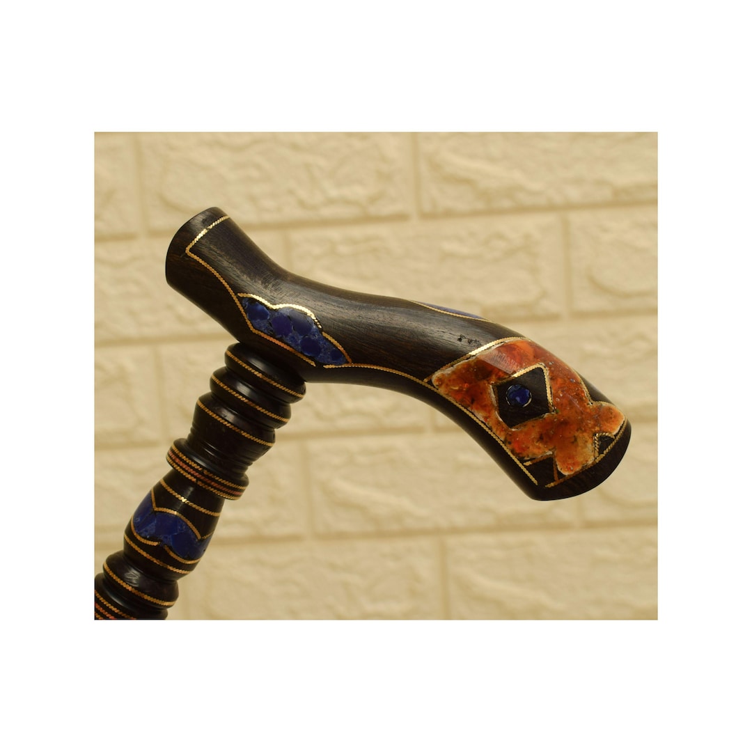 Handmade Ebony Wood Walking Cane: Lapis and Amber Inlay, Egyptian ...