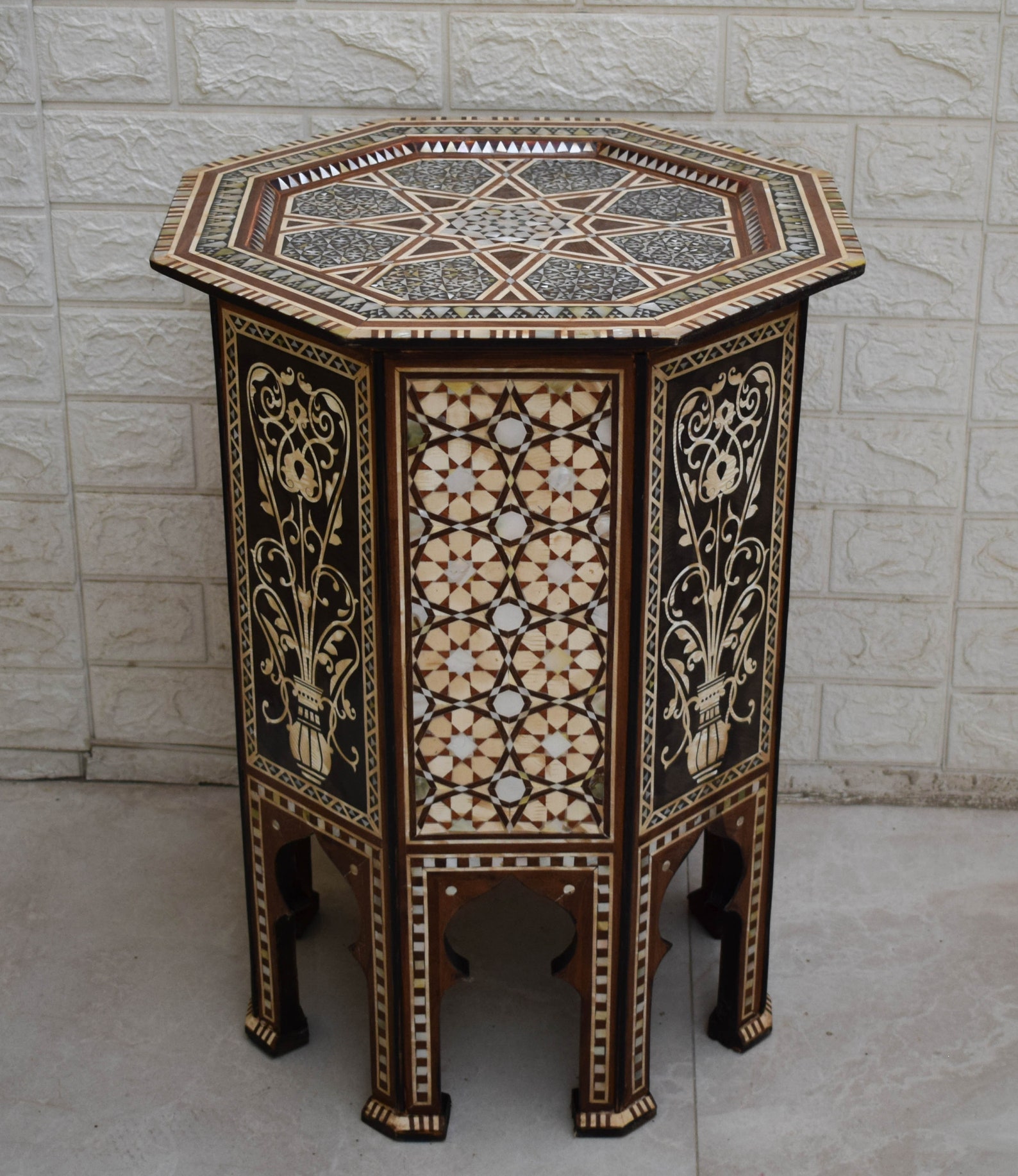 Handcrafted Moroccan Inlay Side Table: Mother of Pearl & Bone, 24 ...