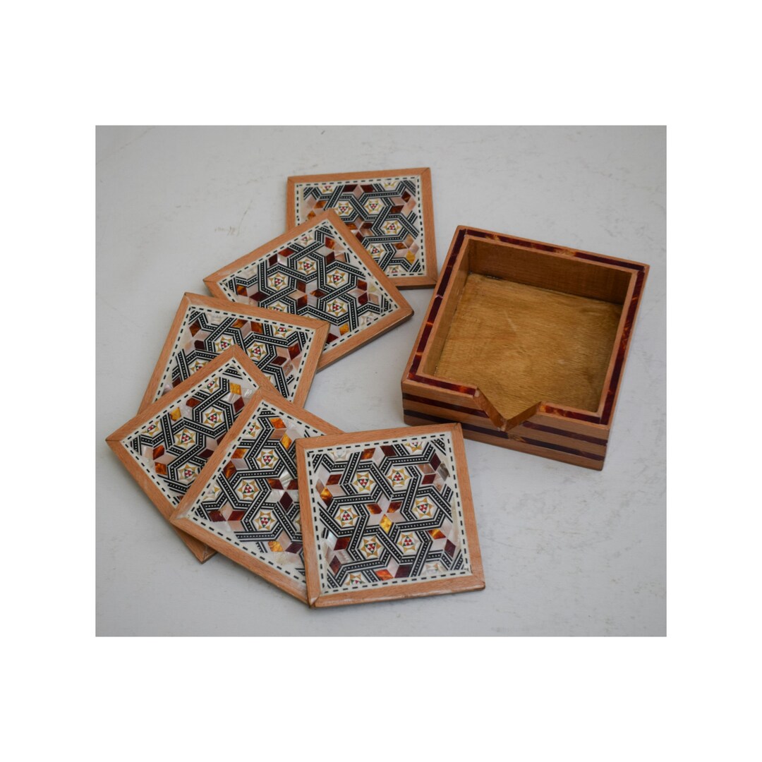 Egyptian Handcrafted Mosaic Mother of Pearl Inlaid 4 *4" Wooden Coaster ...
