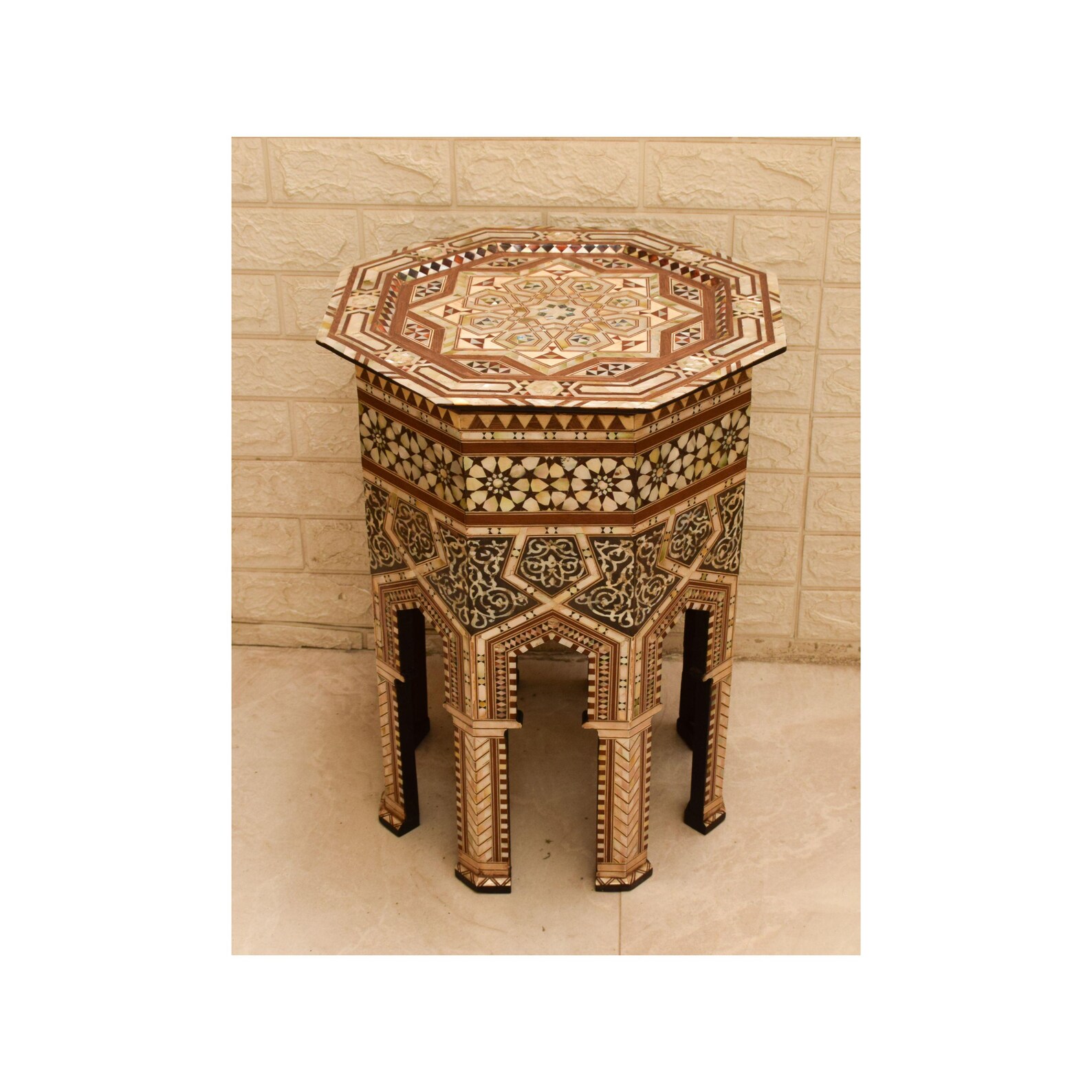Moroccan 22 Height Wood Table, Mother of Pearl and Bone Inlay Wooden ...