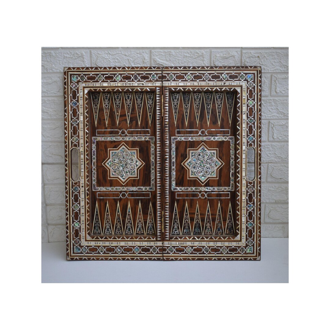 Rare Handmade 25" Wood Backgammon & Chess Board, %100 Natural Mother ...