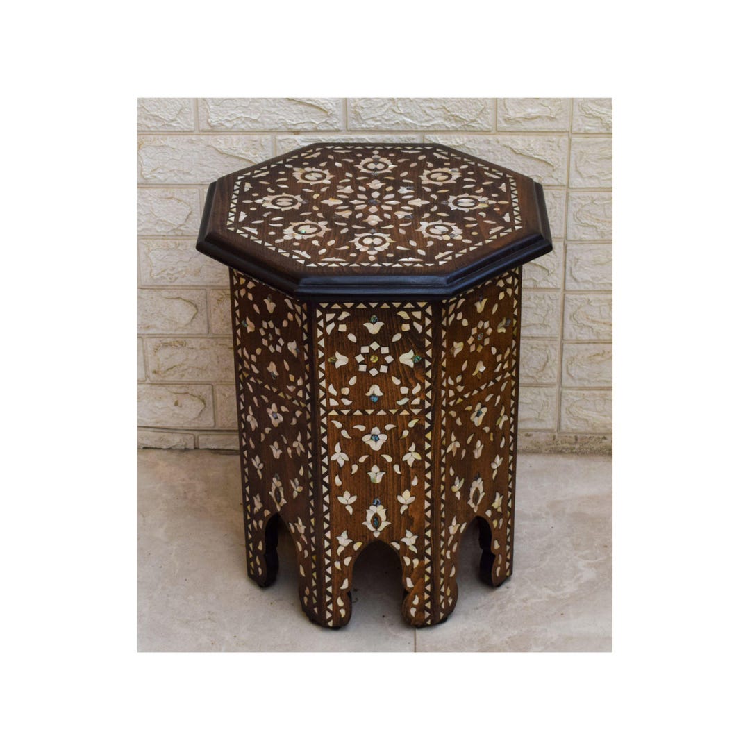 Syrian Wood Side Table: Mother of Pearl Inlay, Moroccan Decor (20" H ...