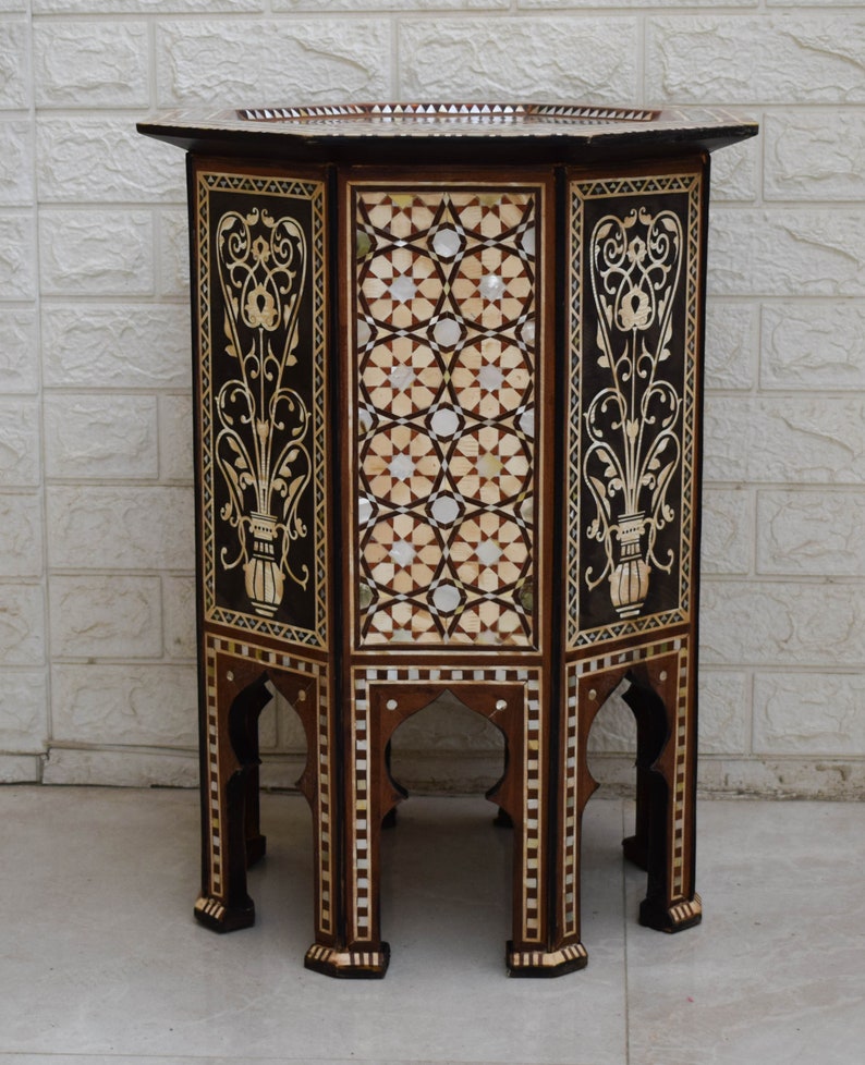 Handcrafted Moroccan Inlay Side Table: Mother of Pearl & Bone, 24 ...