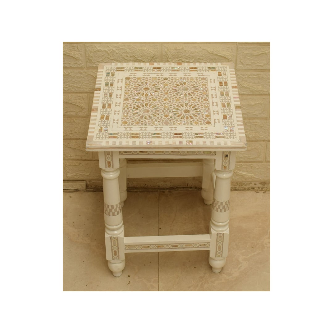 Egyptian White Side Table, 14 Square Moroccan Mother of Pearl Inlaid ...