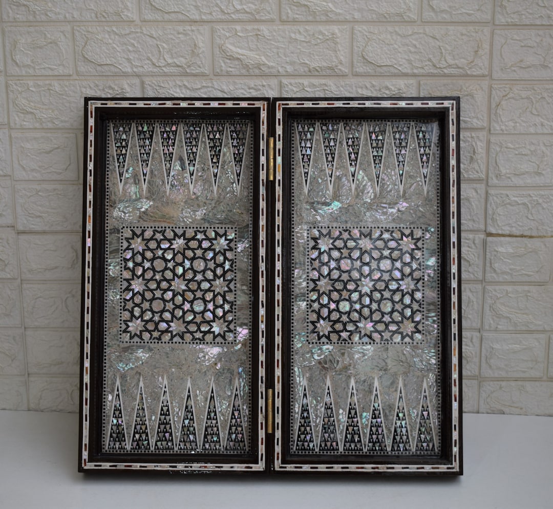Handmade Wood Backgammon Chess Board, Egyptian Mother of Pearl Inlaid ...