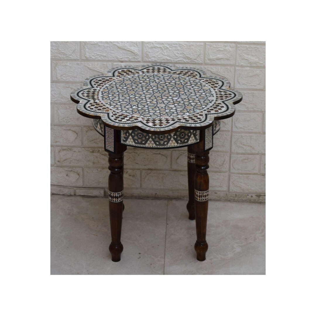 20" Round Mother of Pearl Inlay Side Table, Mosaic Wooden Bedside Table ...