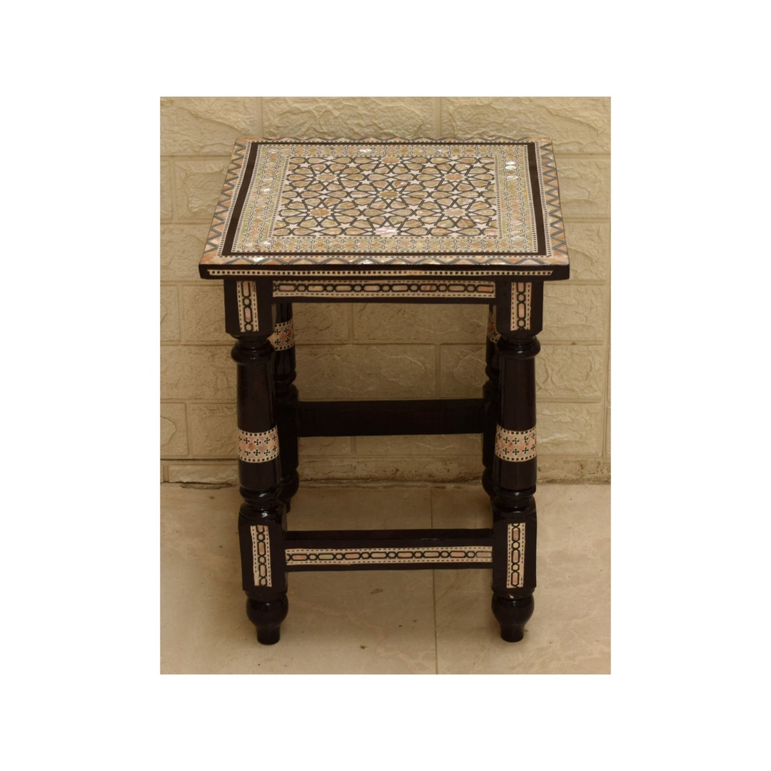 Egyptian Side Table, 14" Square Moroccan Mother of Pearl Inlaid Coffee ...