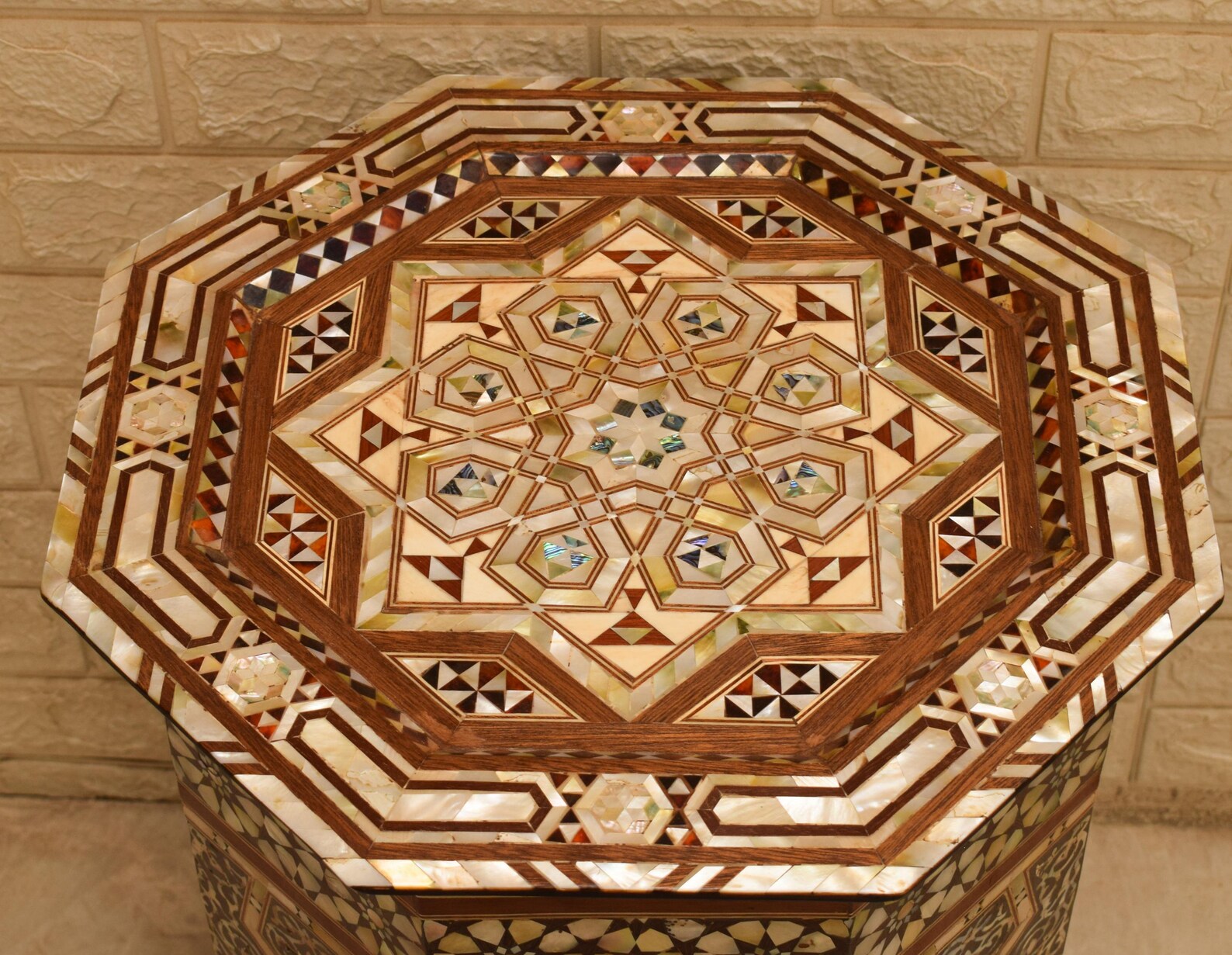 Moroccan 22 Height Wood Table, Mother of Pearl and Bone Inlay Wooden ...