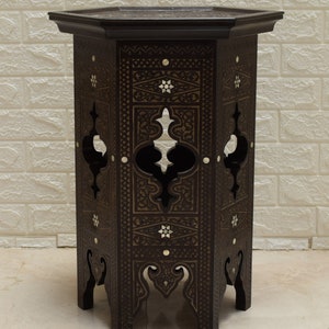 Hand Carved Syrian Table: Mother of Pearl Inlaid Beech Wood Side Table ...