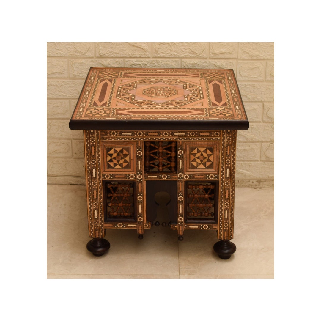 Handmade Syrian Mosaic Side Table: Marquetry Inlaid Wood, 20" Square - Etsy