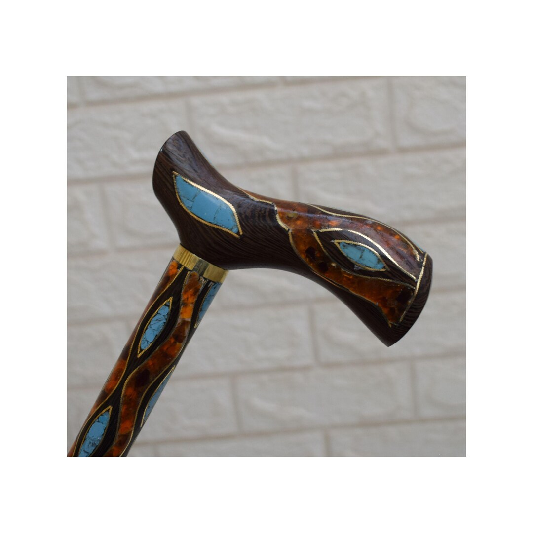 Handcrafted Egyptian Wood Walking Cane: Turquoise & Amber Inlay Stick ...