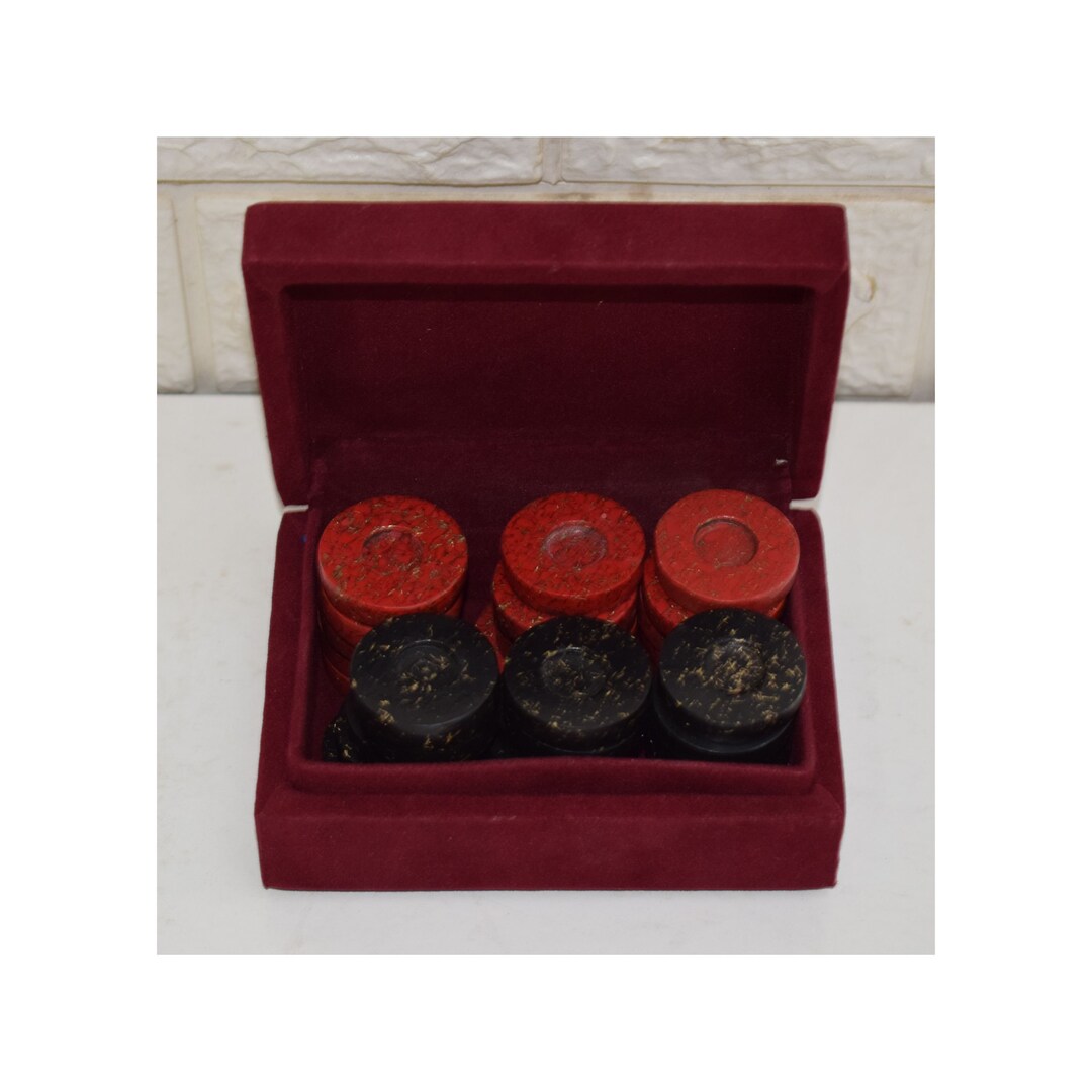 Handmade Egyptian Red and Black Coral Resin 30 Backgammon Chips in a ...