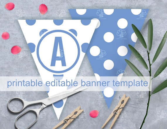 Blue Baby Shower Bunting Template - Blue Polka Dots Banner Editable ...