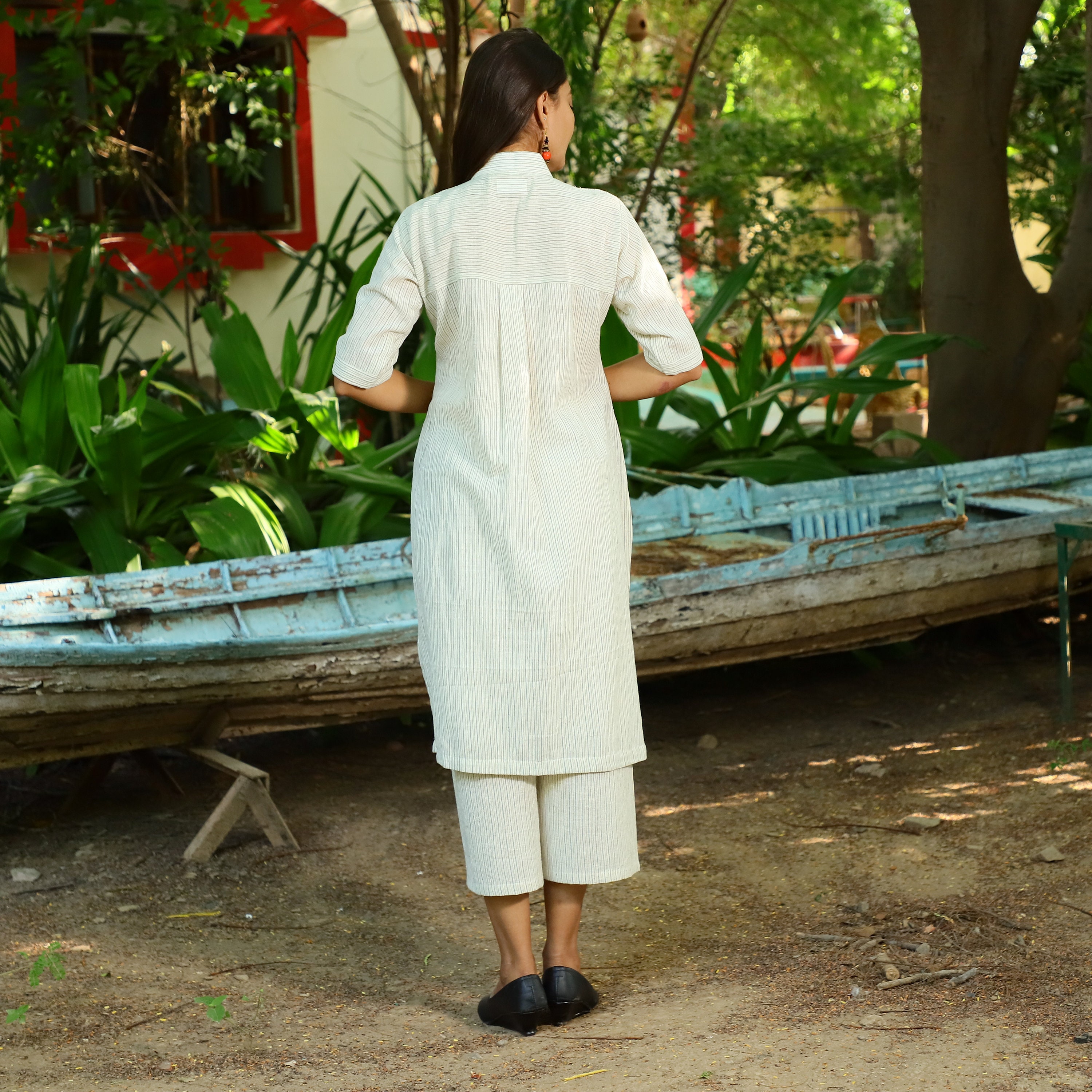 Buy Black/off White Summer Palazzo Tunic Formal Set for Women Handwoven ...