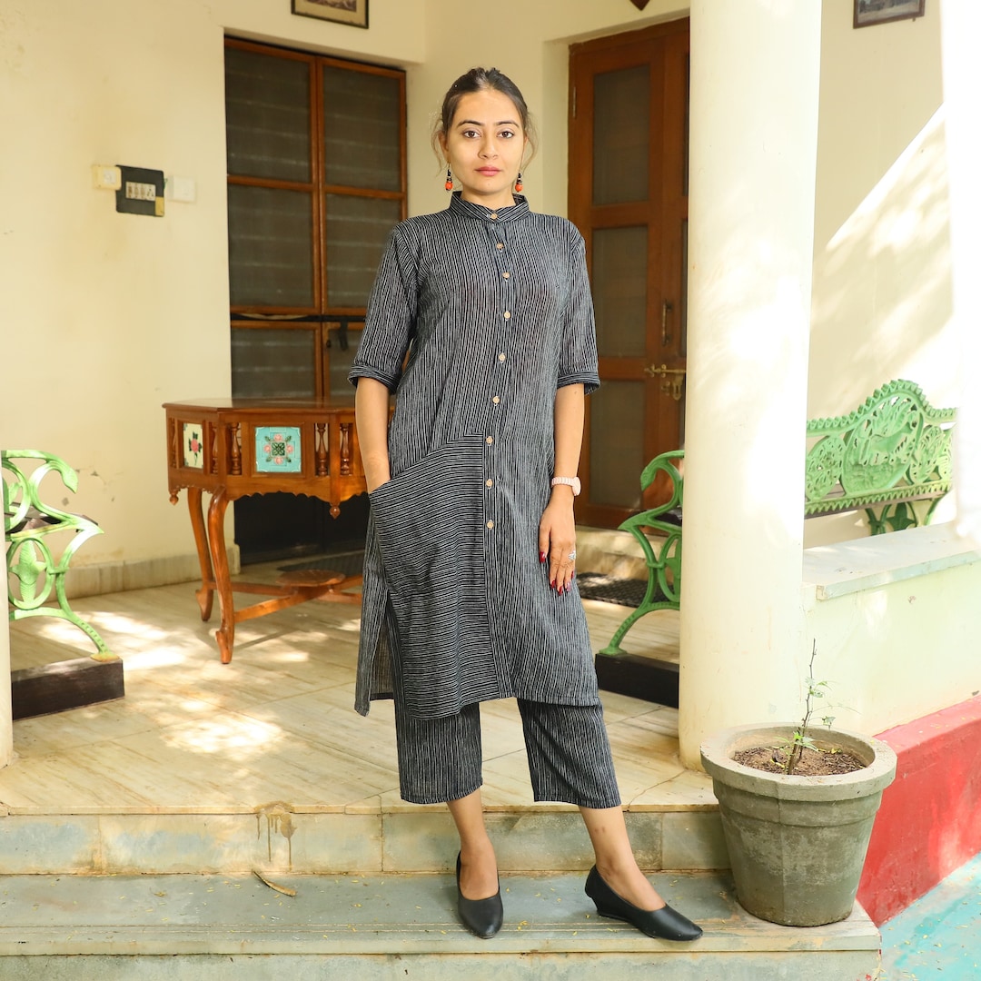 Buy Black/off White Summer Palazzo Tunic Formal Set for Women Handwoven ...