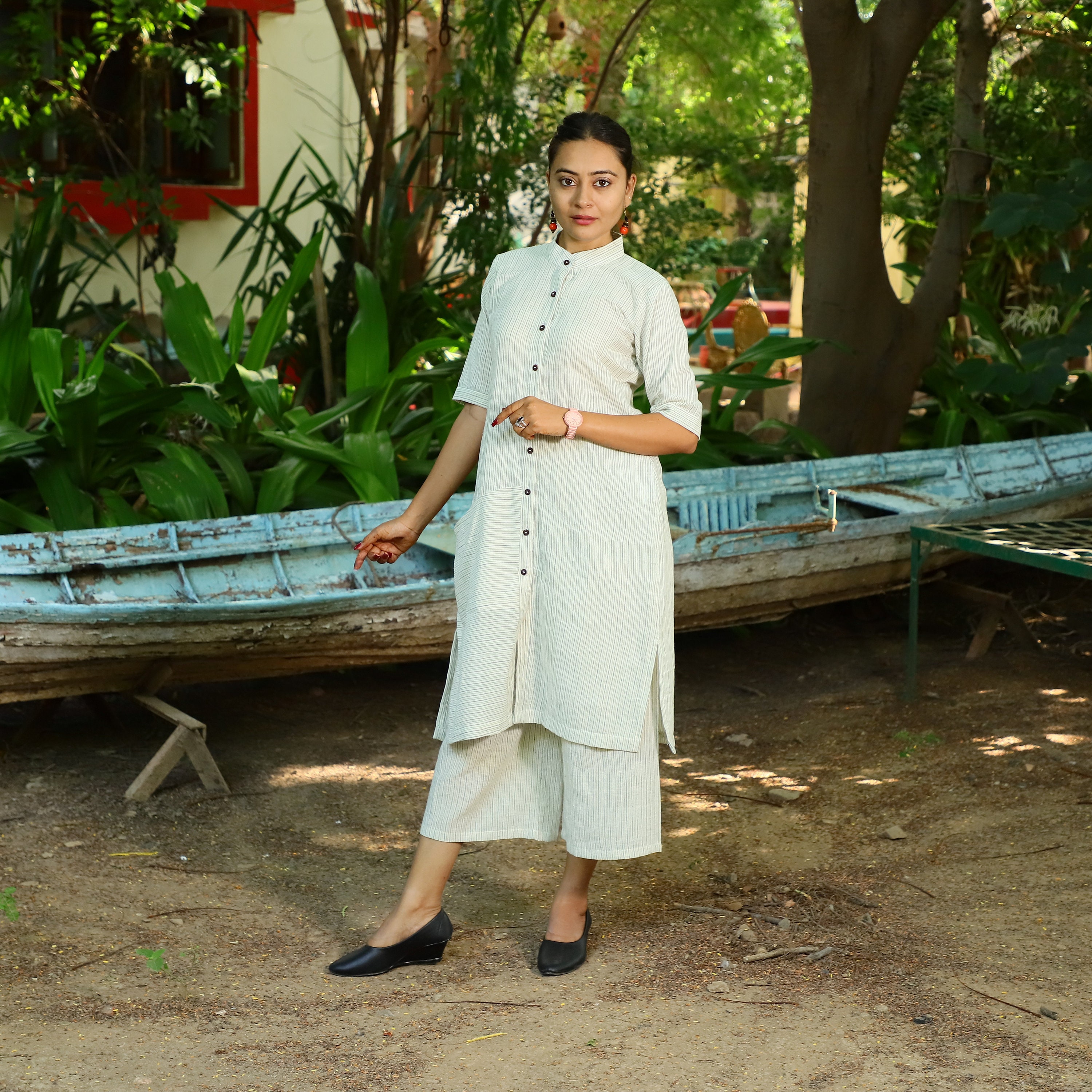 Buy Black/off White Summer Palazzo Tunic Formal Set for Women Handwoven ...