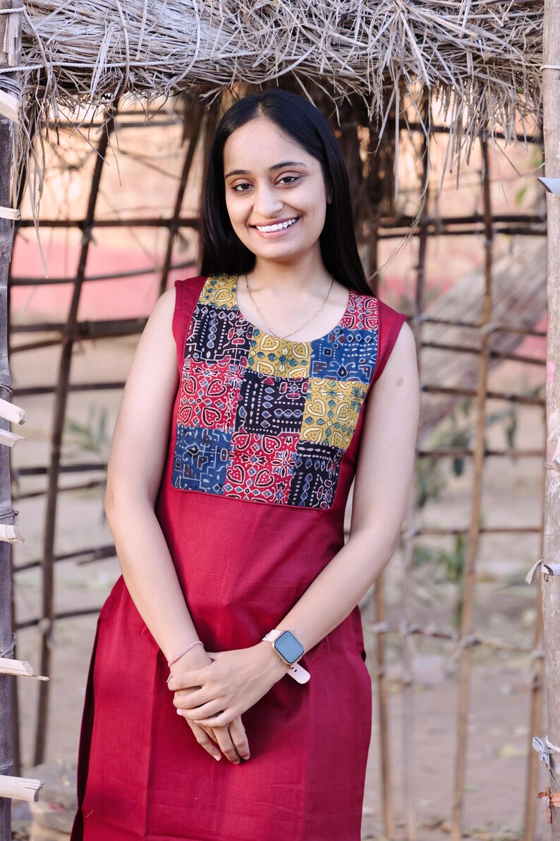 Linen Cotton Flax and Block Print Patch Work Kurti Sleeveless Kurta for ...