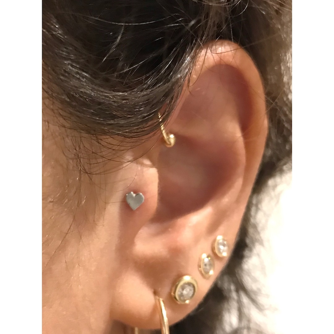 14k Solid WHITE Gold HEART- Reverse Screw Labret, Tragus, Ear Piercings ...