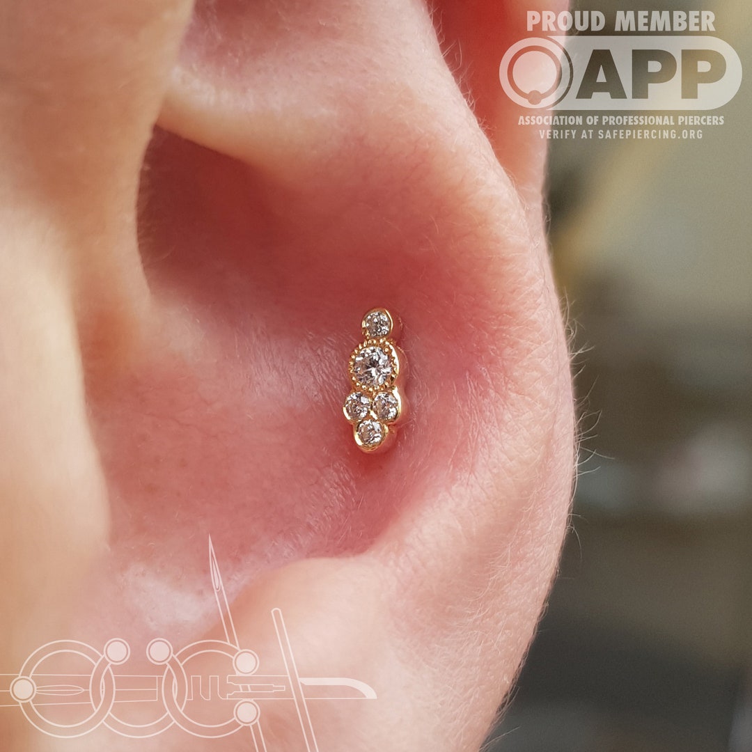 14k Gold Labret 5 STONE- Reverse Screw Tragus, Ear Piercings, Septum ...