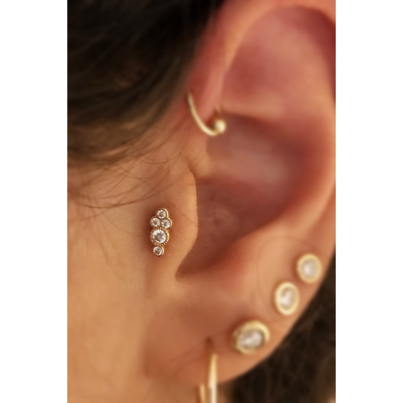 14k Gold Labret 5 STONE Reverse Screw Tragus Ear Piercings - Etsy