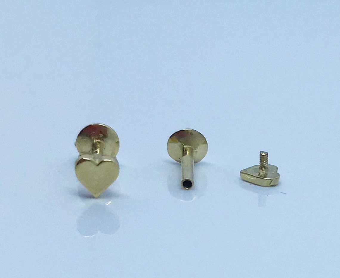 14k Solid YELLOW Gold Labret HEART Reverse Screw Tragus Ear - Etsy