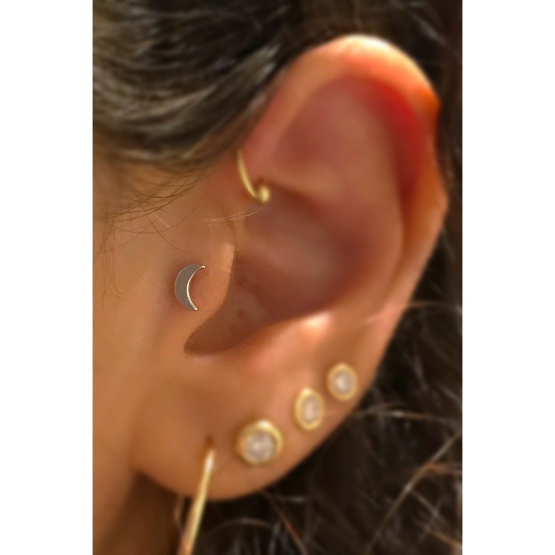 14k Solid WHITE Gold MOON Reverse Screw Labret Tragus Ear - Etsy