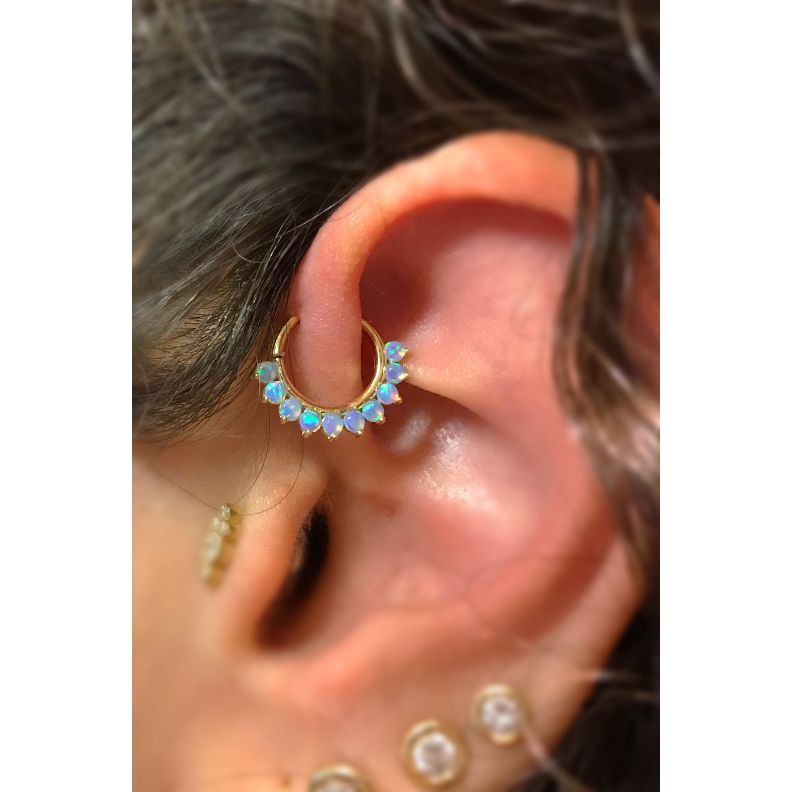 14k Solid Gold Captive Bead Ring 10 STONES Tragus Ear | Etsy