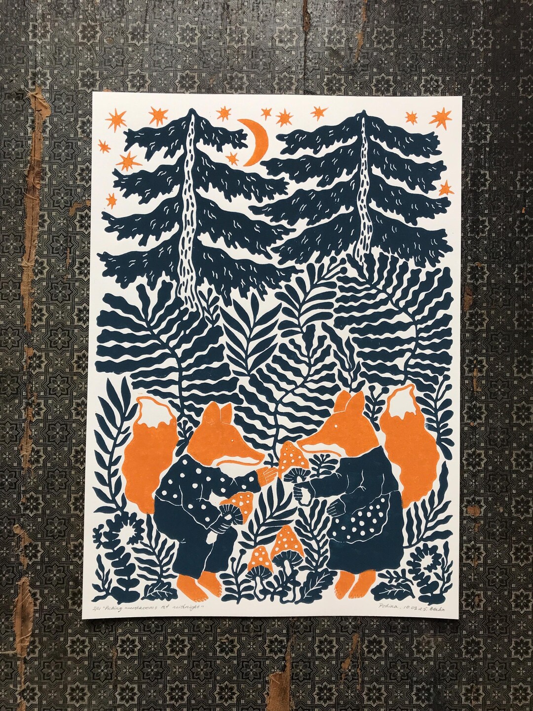 Limited Edition Forest Art Linocut Print “foxes and Mushrooms” - Etsy UK
