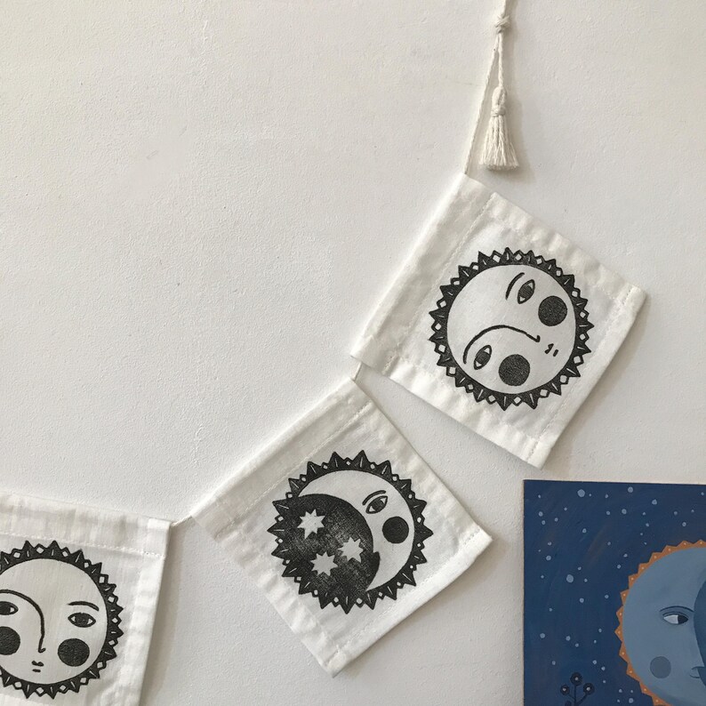 Moon and Star Garland | Original Linocut Print on Cotton | Lino Print ...