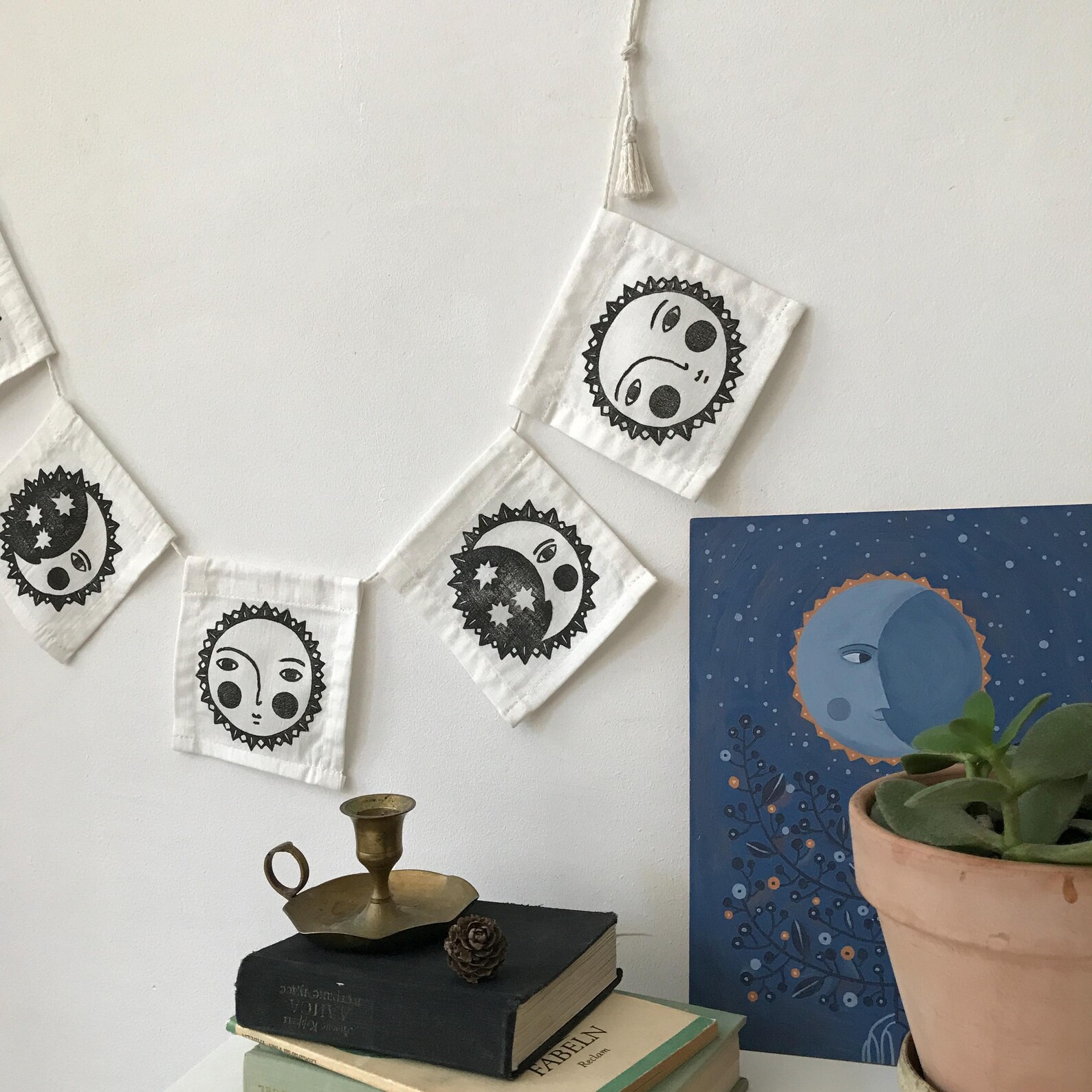 Moon and Star Garland | Original Linocut Print on Cotton | Lino Print ...