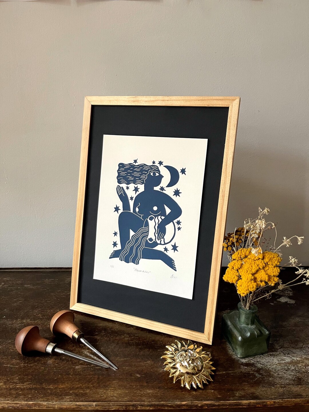 Hand Carved Original Linocut Print “zodiac Sign. Aquarius” - Etsy