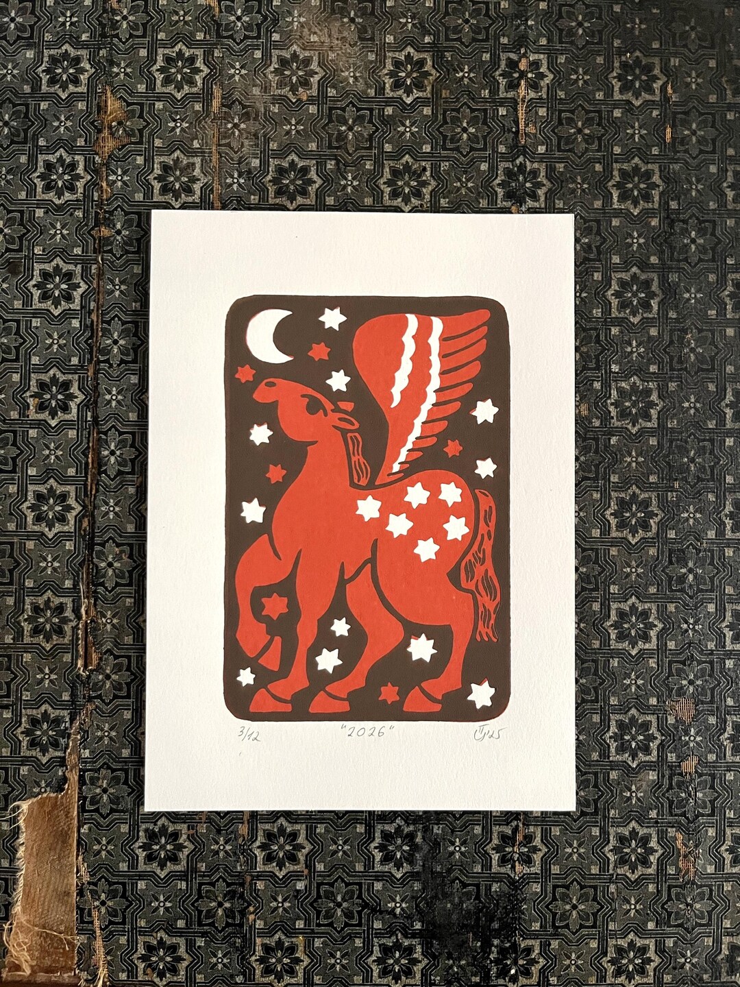 Limited Edition Folk Art Linocut Print “fire Pegasus” - Etsy